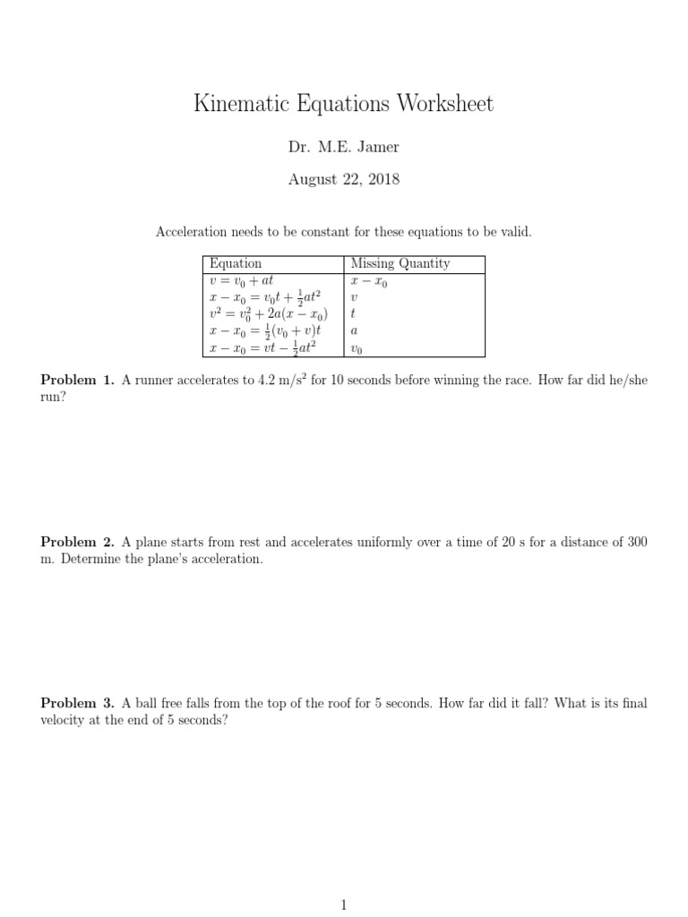 Kinematic Equations Practice Worksheet | PDF