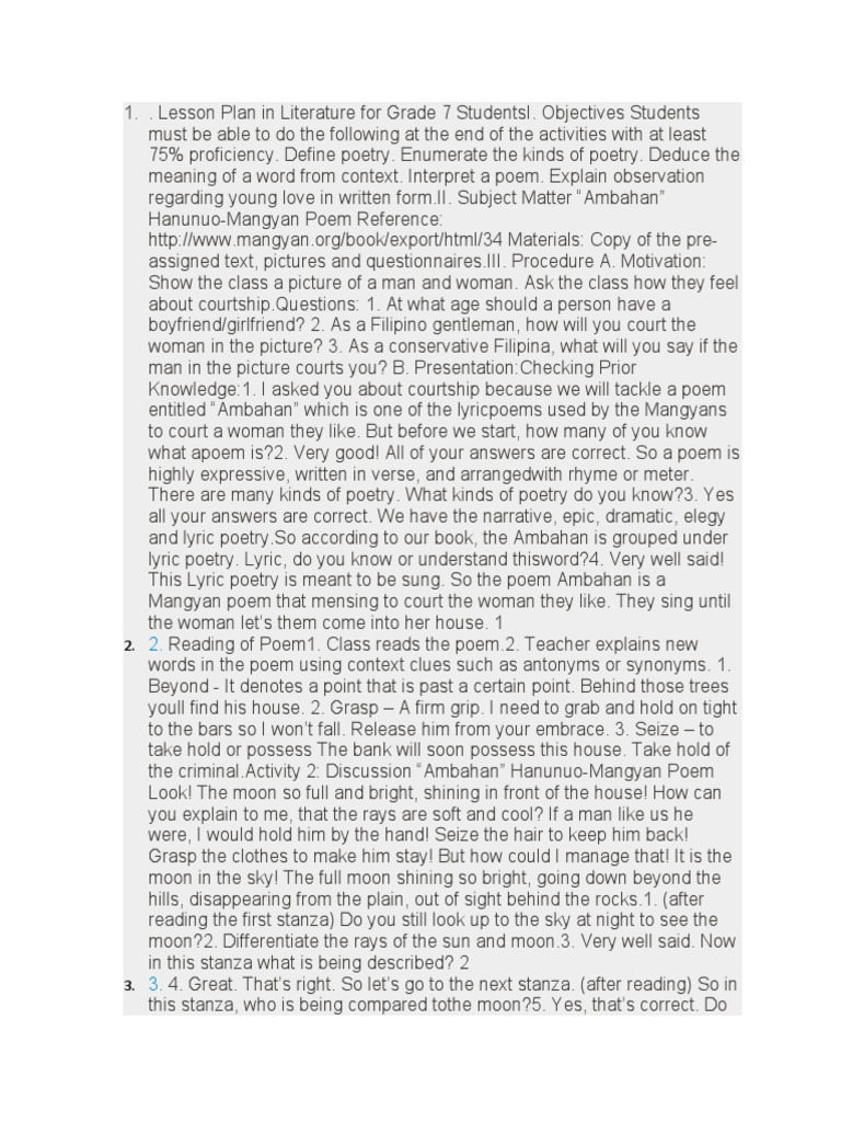 An Analysis of an 'Ambahan' Poem Used by Mangyans for Courting | PDF ...