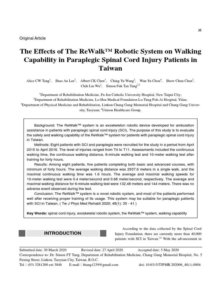 The Effects of The ReWalk™ Robotic System On Walking Capability in Paraplegic Spinal Cord Injury ...