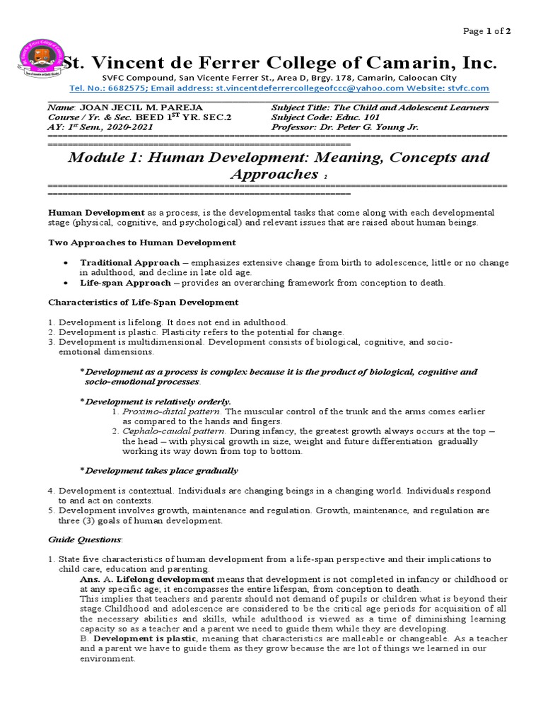 St. Vincent de Ferrer College of Camarin, Inc.: Module 1: Human Development: Meaning, Concepts ...
