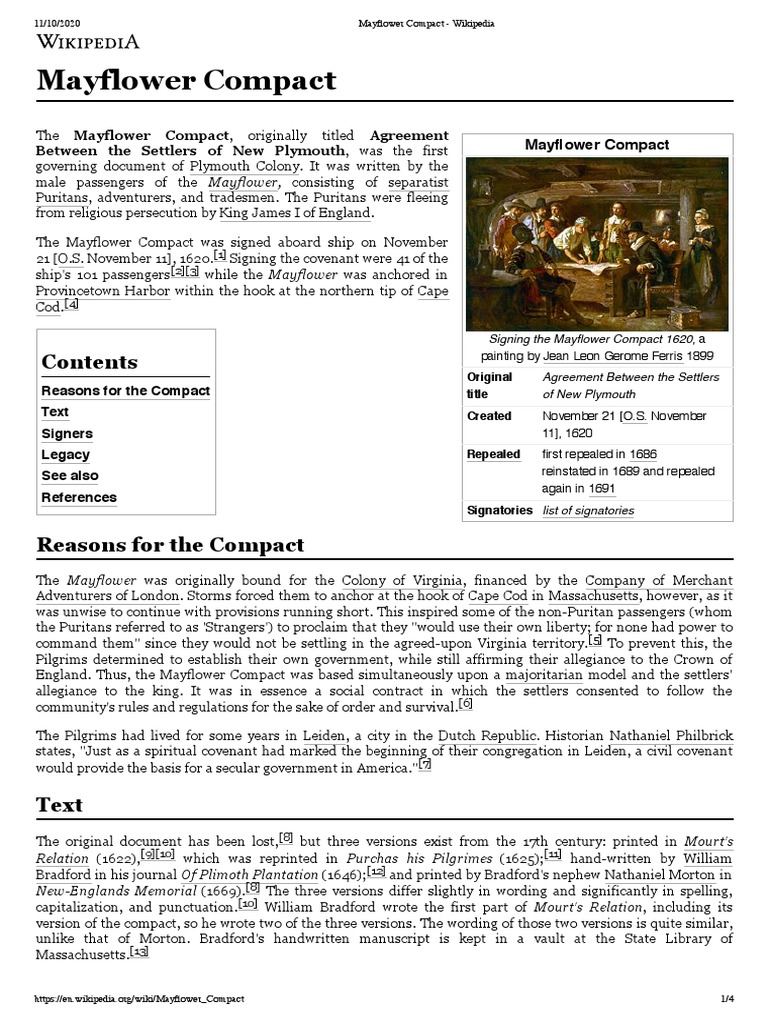 Mayflower Compact - Wikipedia | PDF | Kingdom Of England | English Diaspora