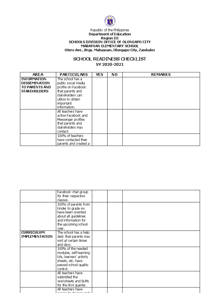 School Readiness Checklist 2020-2021 | PDF | Business | Schools