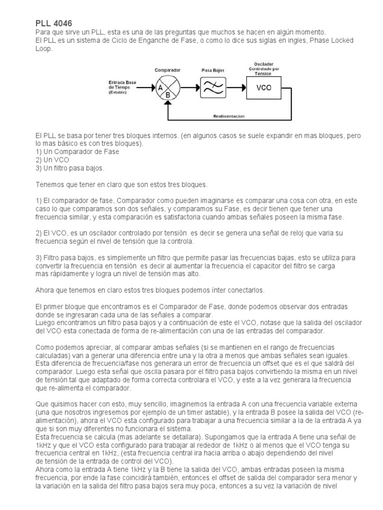 Funcionamiento del PLL 4046 en Circuitos | PDF | Filtro de paso bajo ...
