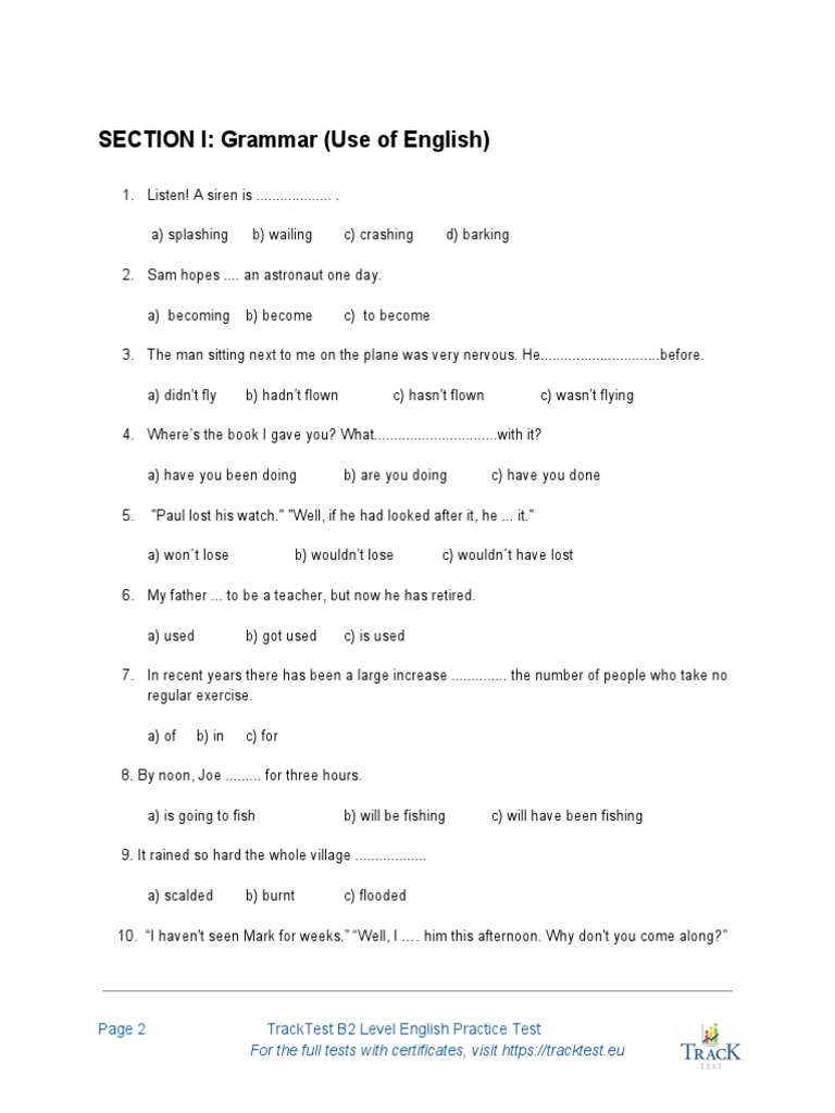 Section I: Grammar (Use of English) : Tracktest B2 Level English ...