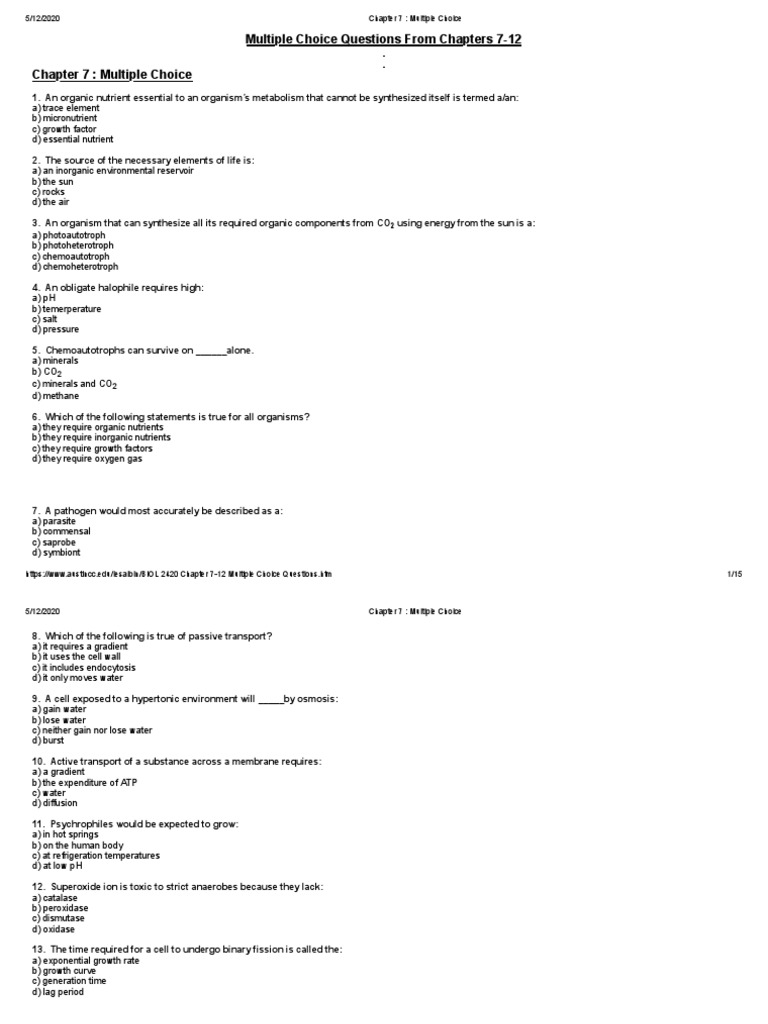 Multiple Choice Questions From Chapters 7-12 Chapter 7: Multiple Choice ...