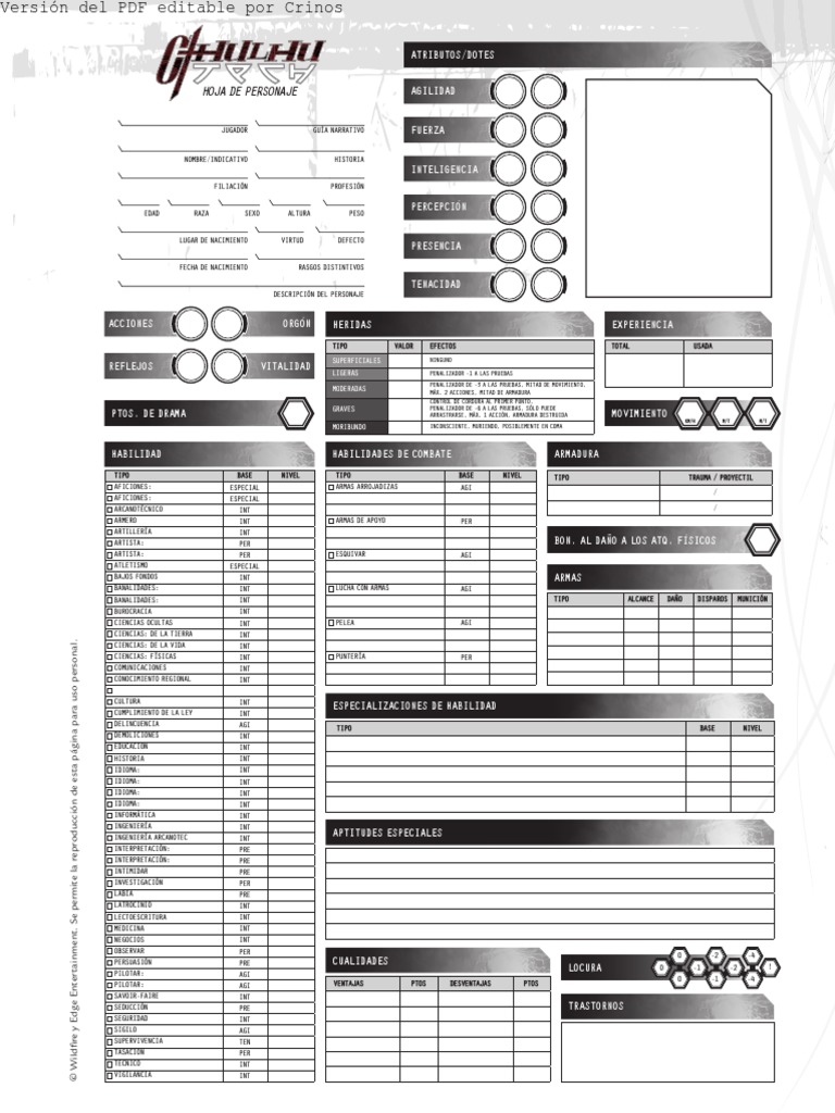 Ficha Personaje Cthulhutech Editable | PDF | Arsenal | Ocio