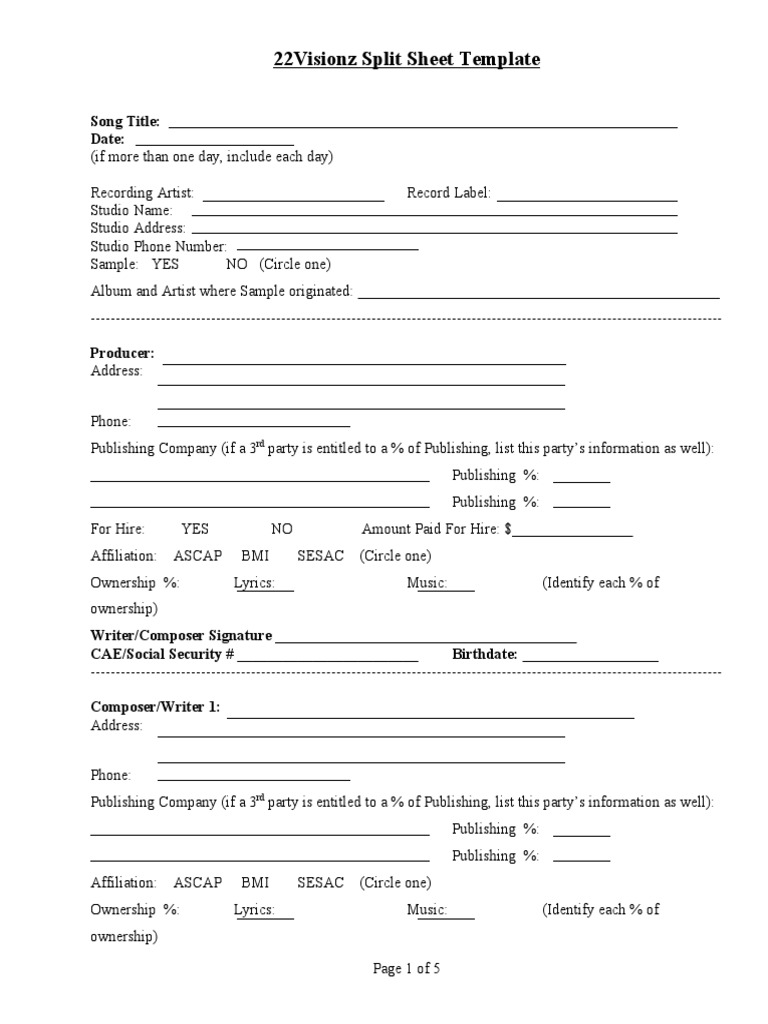 22visionz Split Sheet Template: Song Title: Date | PDF | Music ...