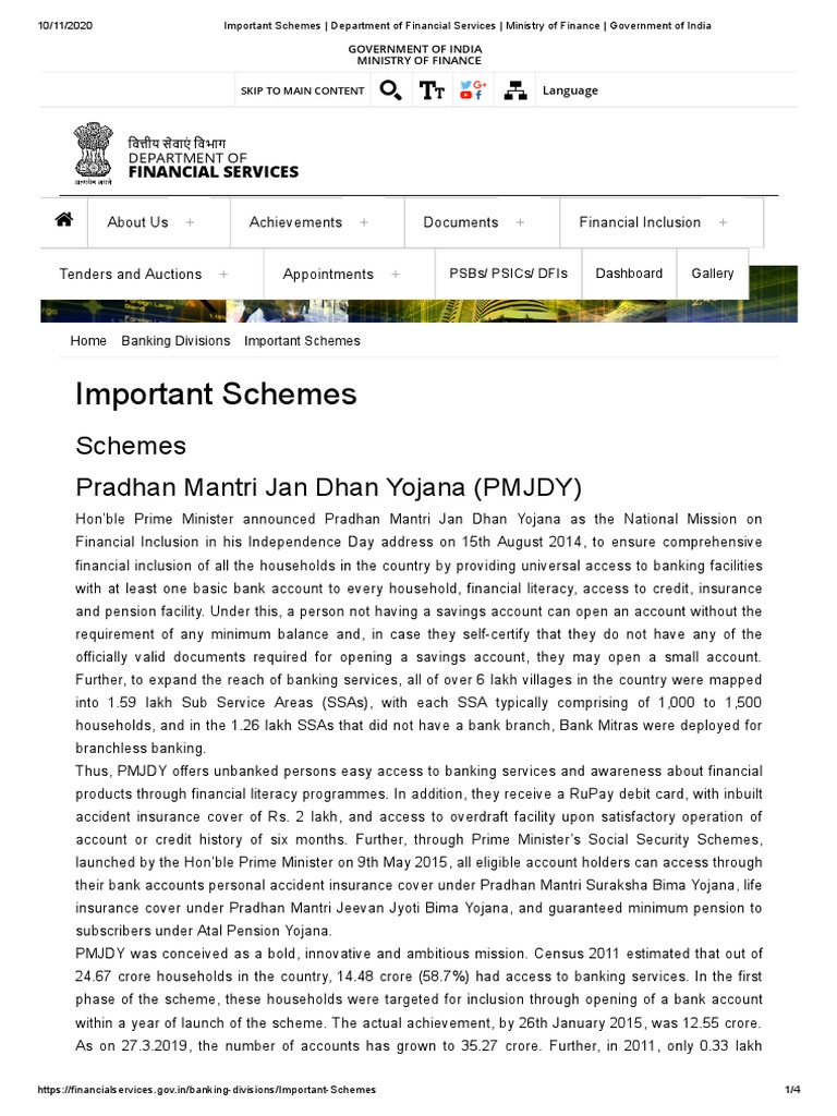 Important Schemes - Department of Financial Services - Ministry of ...
