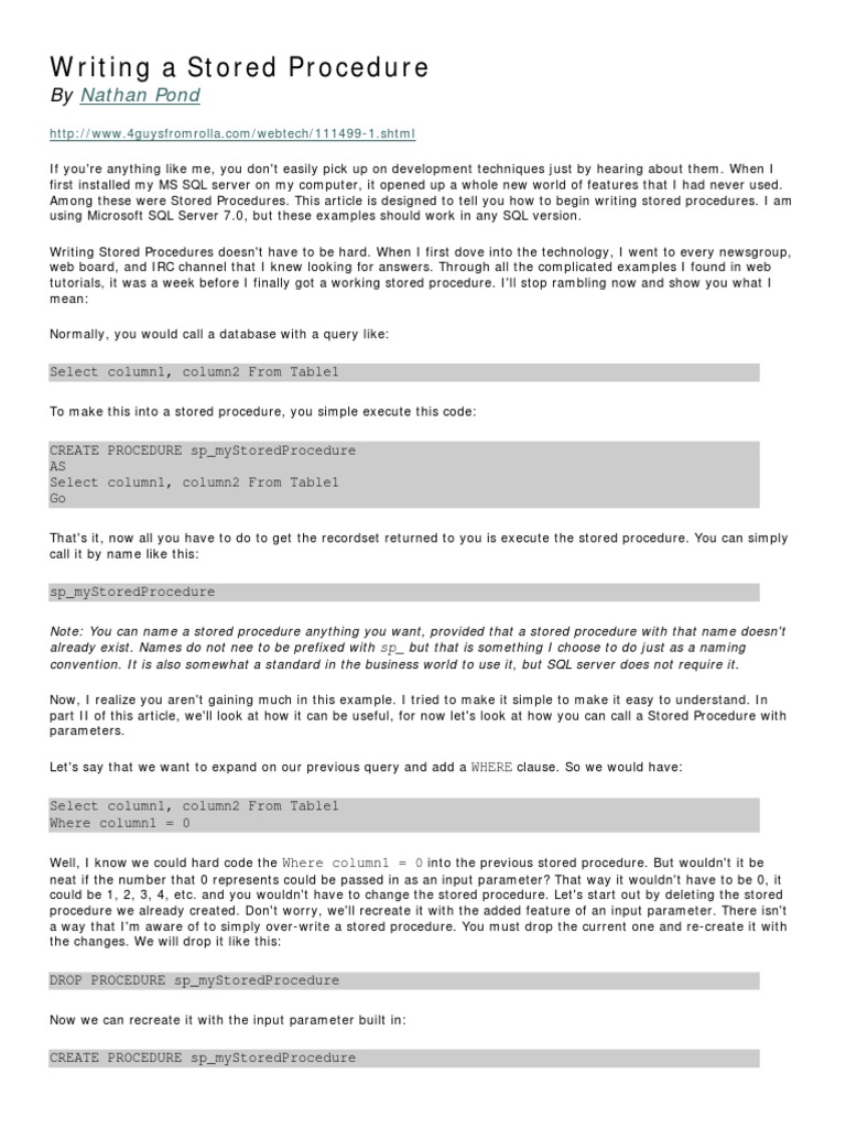 Writing A Stored Procedure: Nathan Pond | PDF | Parameter (Computer Programming) | Subroutine