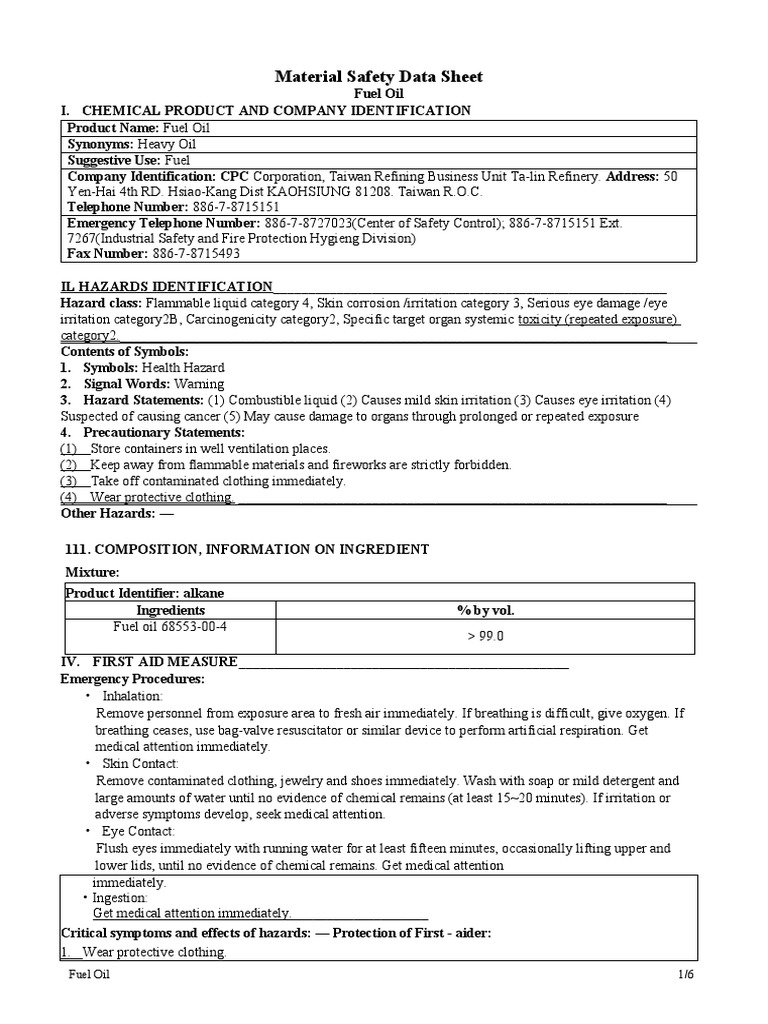 Fuel Oil Safety Data Sheet | PDF | Firefighting | Oil Refinery