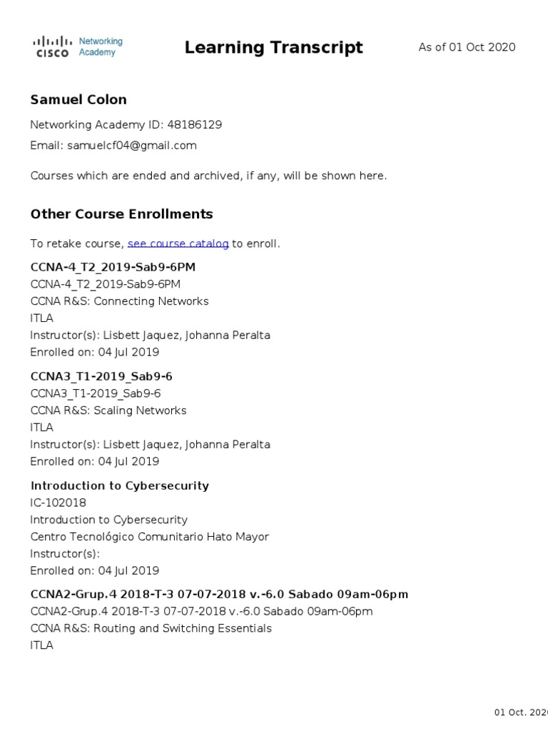 Samuel Colon's Networking Academy Learning Transcript as of October 1st, 2020 | PDF