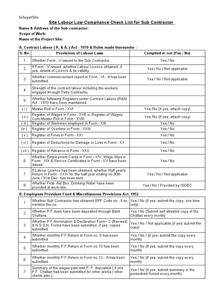 Site Labour Law Compliance Checklist | PDF | Employee Relations ...