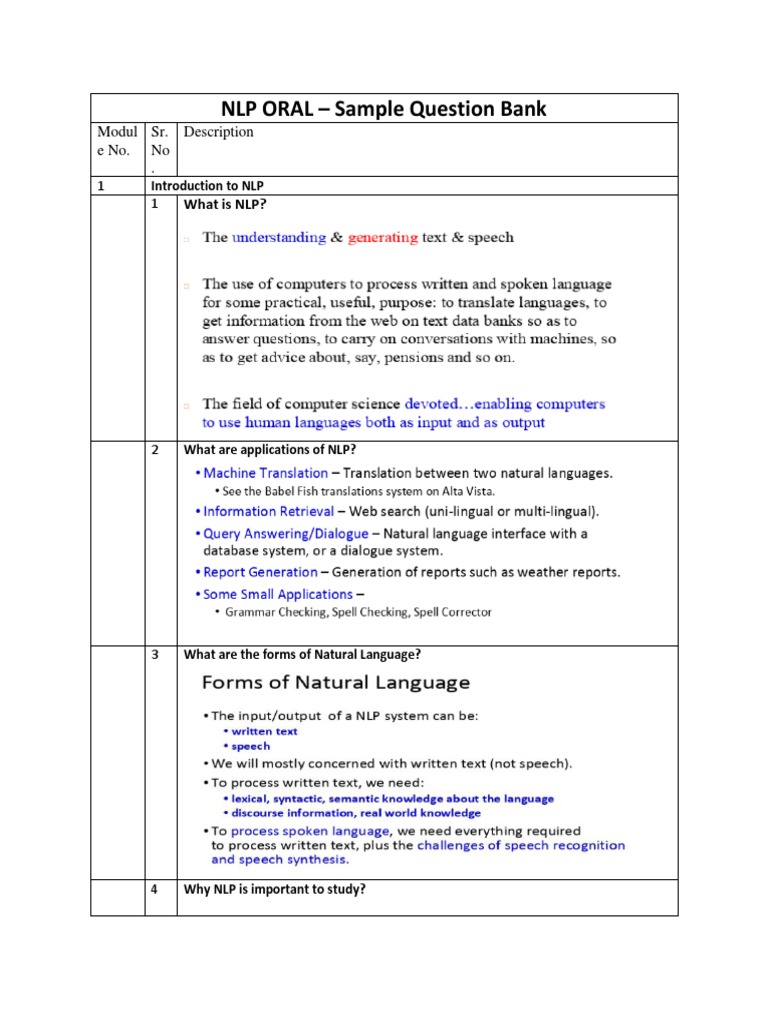 NLP ORAL - Sample Question Bank: Modul e No. Sr. No - Description | PDF ...