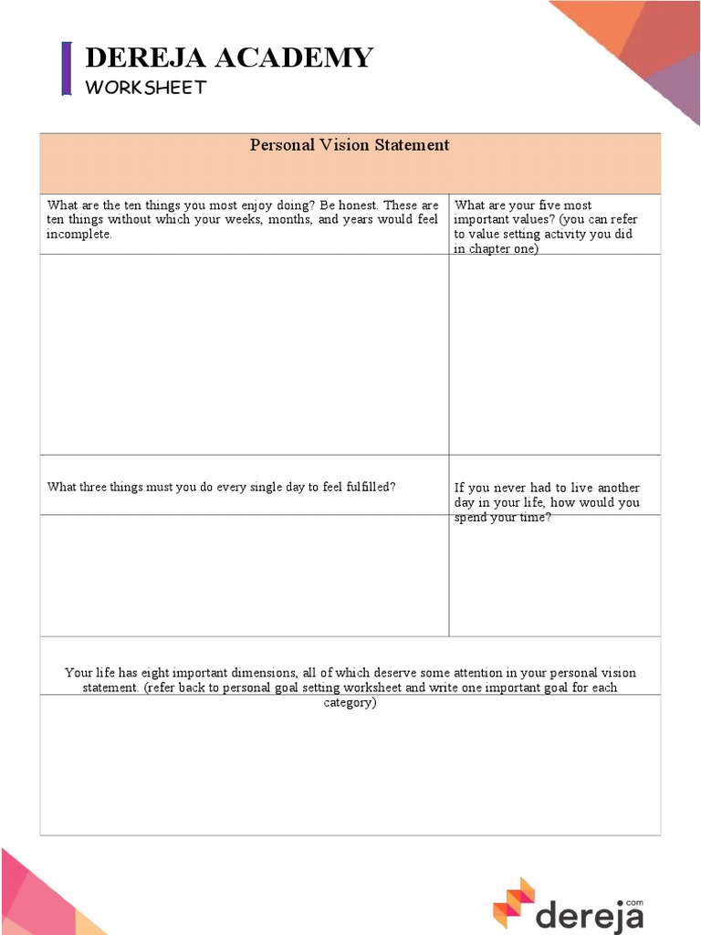 Dereja Academy: Worksheet Personal Vision Statement | PDF