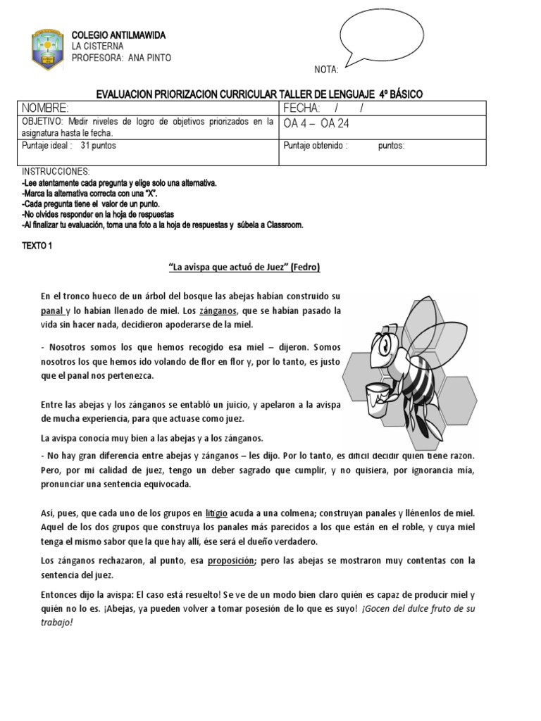 Evaluación de Taller de Lenguaje 4° Priorizacion Curricular | PDF ...
