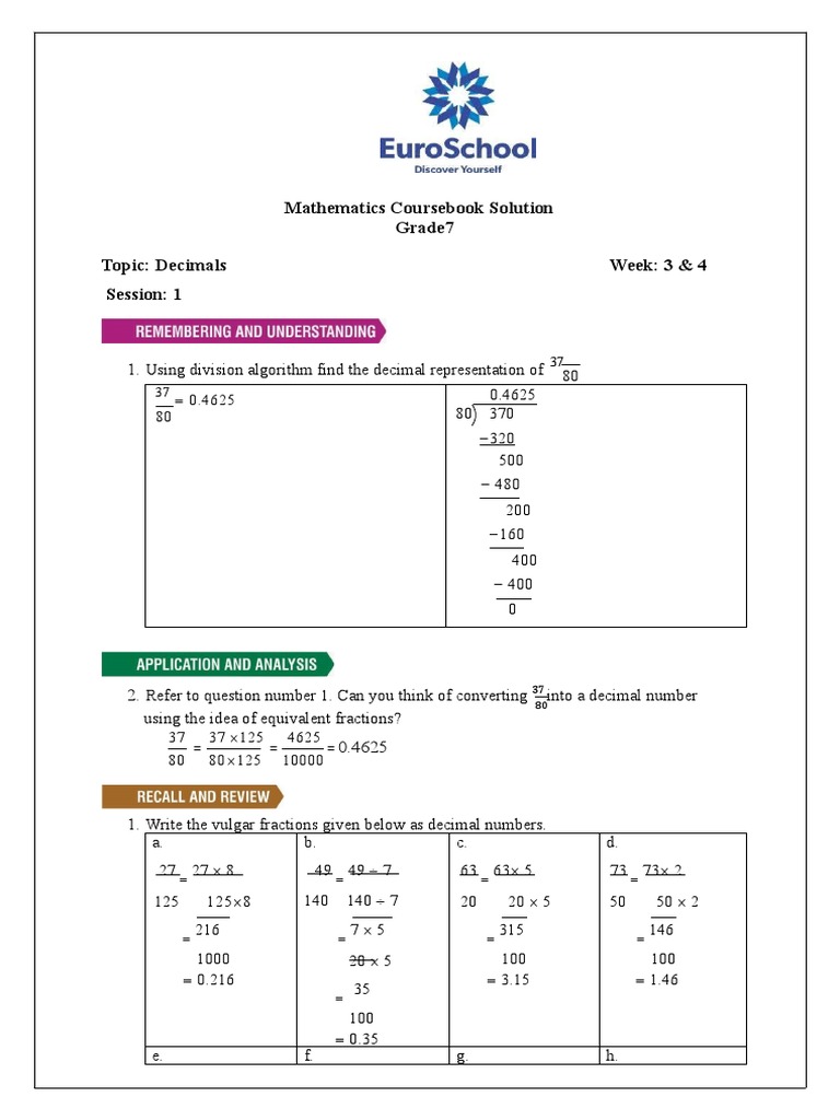 Mathematics Coursebook Solution Grade7 Week: 3 & 4 Topic: Decimals ...