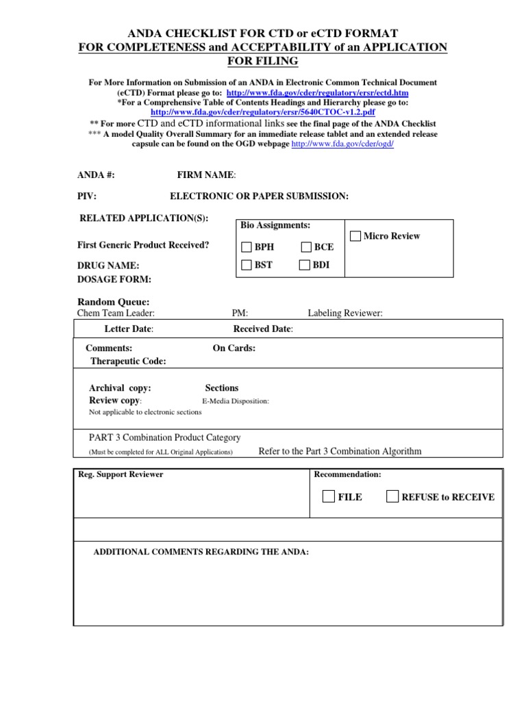 Checklist for ANDA filing | Food And Drug Administration ...