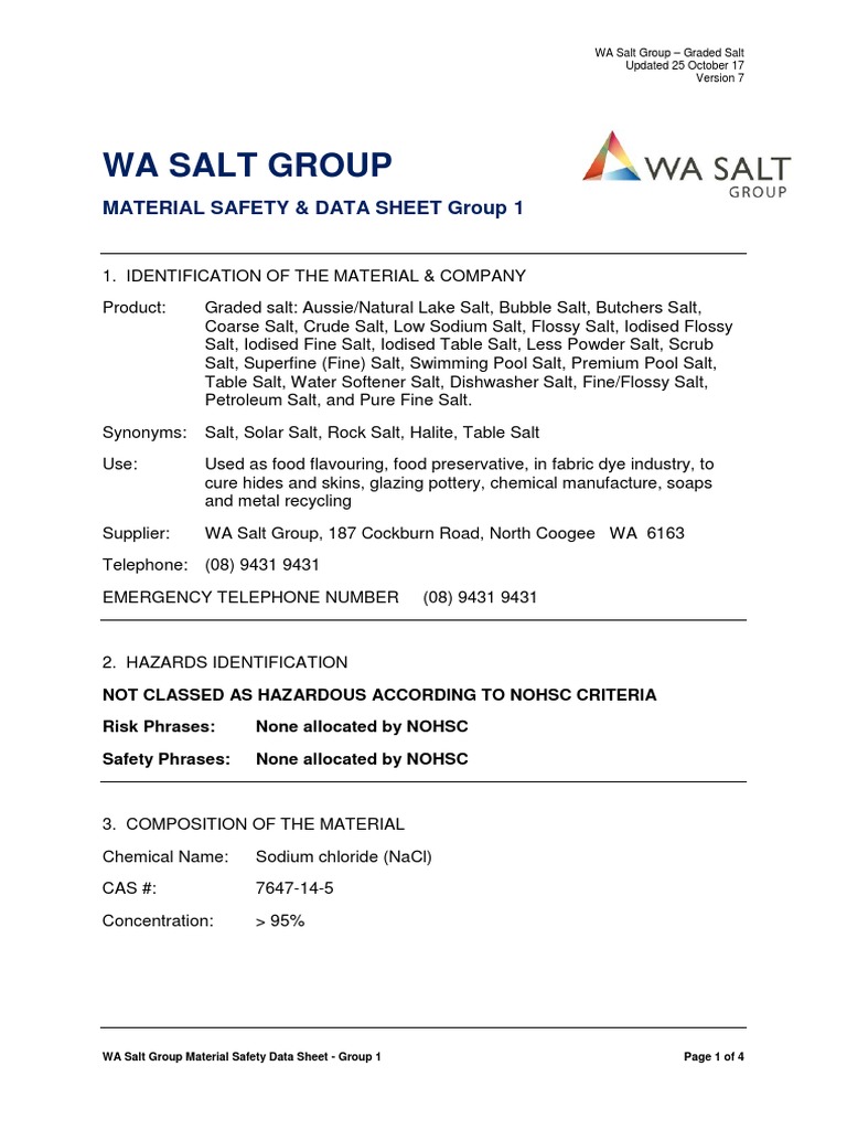 Wa Salt Group: Material Safety & Data Sheet Group 1 | PDF | Salt | Sodium Chloride