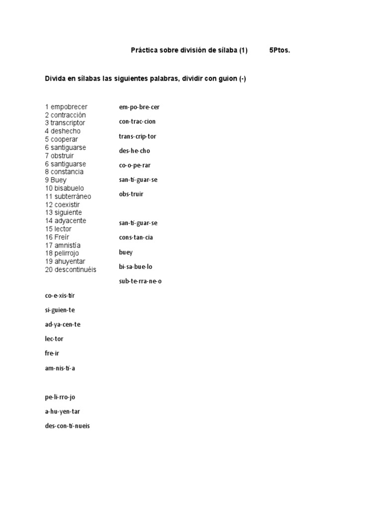 Ejercicio de División Silábica | PDF