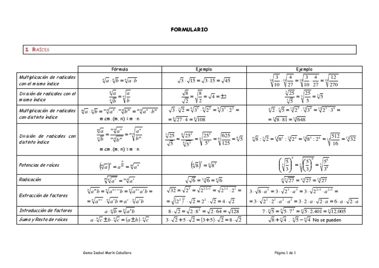 Formulario Tema 1. Radicales | PDF | Enseñanza de matemática