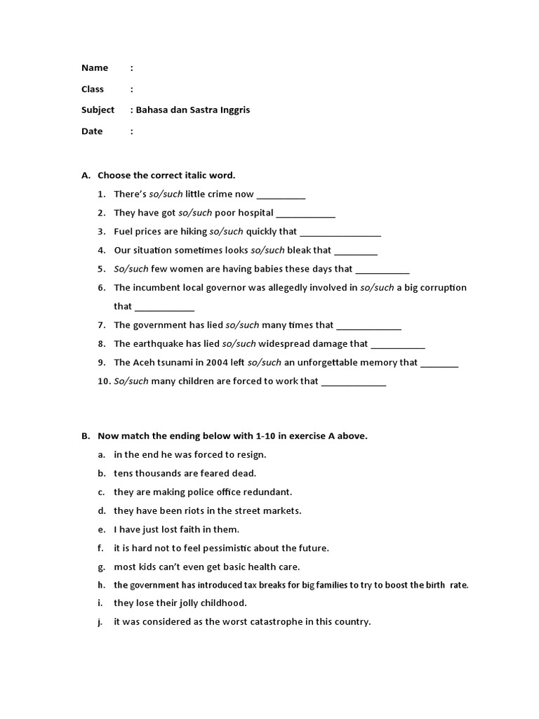 Name: Class: Subject: Bahasa Dan Sastra Inggris Date | PDF | Social Science