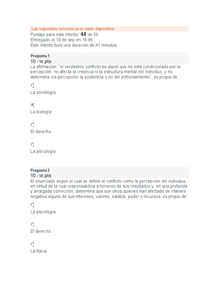 Quiz Manejo de Conflictos | PDF | Conflicto (proceso) | Percepción