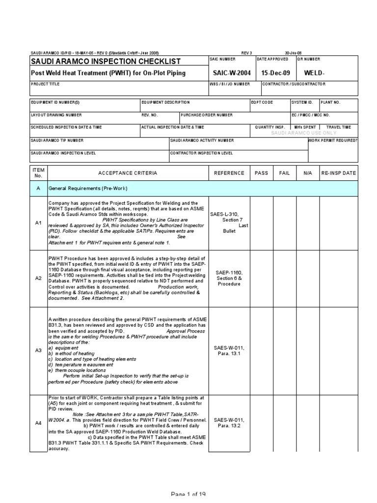 Saudi Aramco Inspection Checklist: Post Weld Heat Treatment (PWHT) For ...