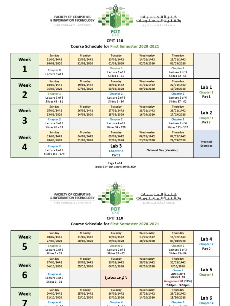 CPIT 110 - Course Schedule 2021-Term1 - v3 | PDF | Academic Term