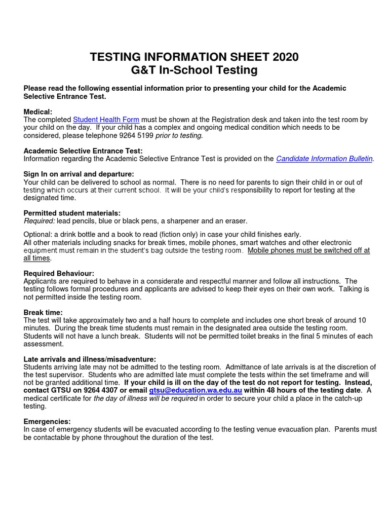 Testing Information Sheet - In-School | PDF | Wellness | Medical