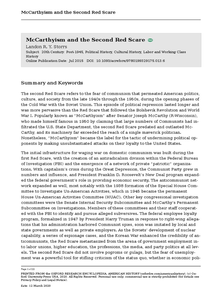 Mccarthyism and The Second Red Scare | PDF | Mc Carthyism | House Un ...