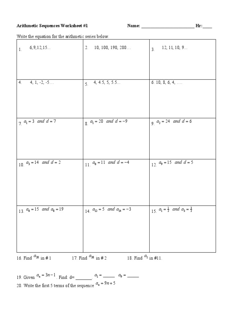 Arithmetic Sequences Worksheet #1 Name: - HR | PDF | Summation ... Arithmetic Sequences Worksheet #1 Name: - HR | PDF | Summation ...