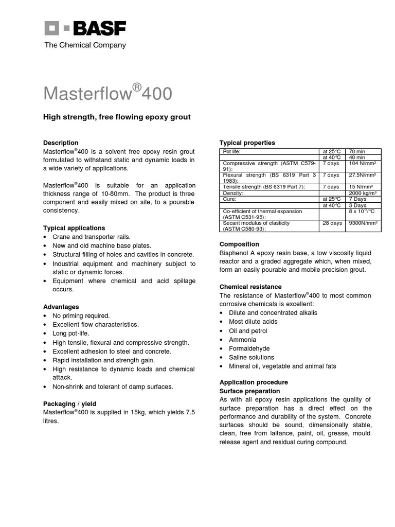Masterflow 400: High Strength, Free Flowing Epoxy Grout | PDF | Epoxy ...