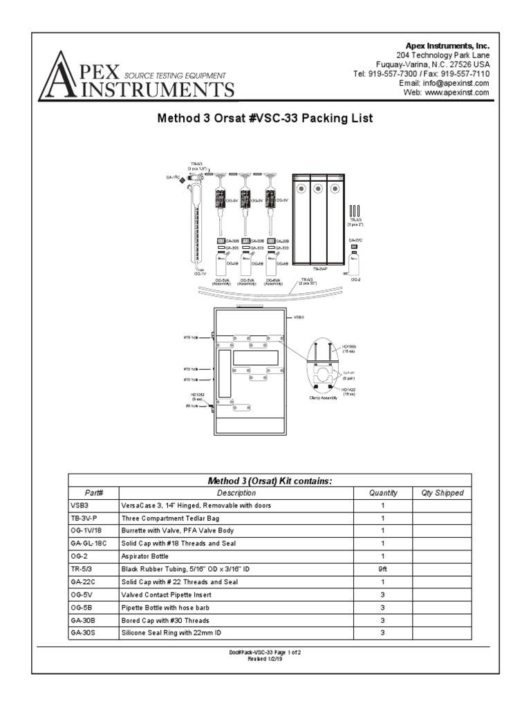 Method 3 Orsat #VSC-33 Packing List | PDF | Materials | Chemistry