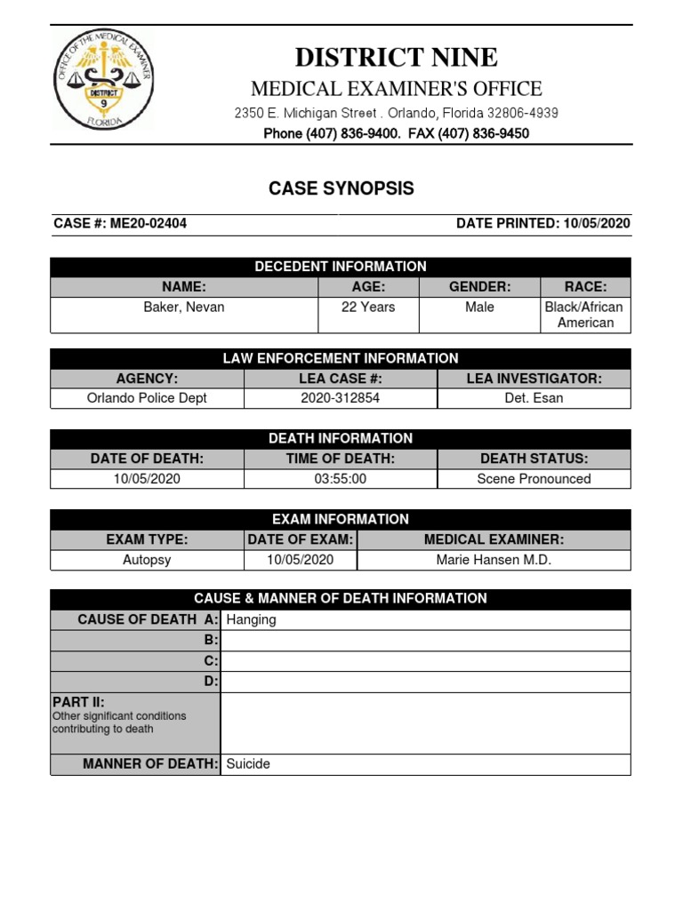Case Synopsis, ME20-2404, Baker, Nevan | PDF