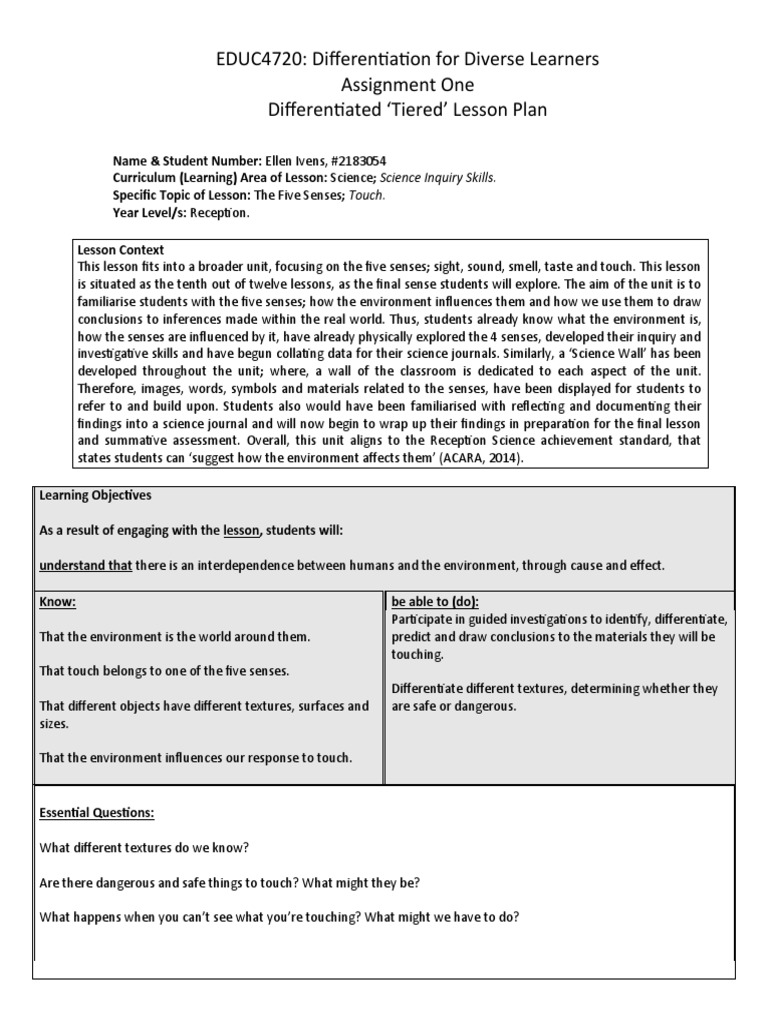 Assignment 1 Tiered Lesson Template 2017 | PDF | Science | Teachers