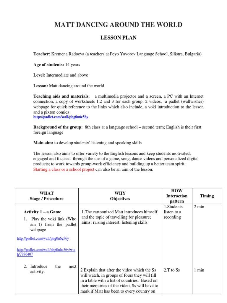 Matt Dancing Around The World Lesson Plan by KRadoeva | PDF | Worksheet ...