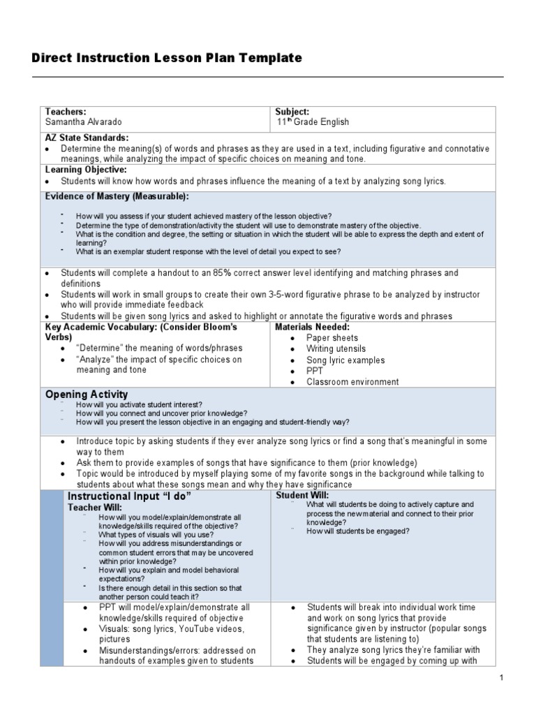 Direct Instruction Lesson Plan Rough Draft-Week 6 | PDF | Lesson Plan ...