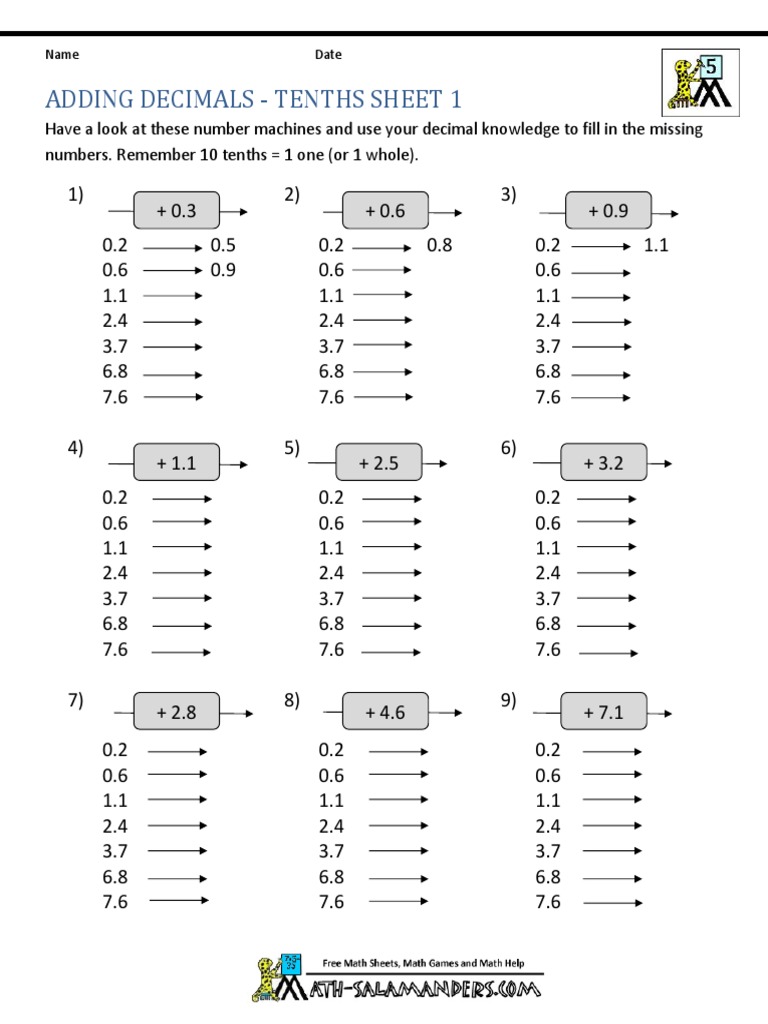 Adding Decimals: Tenths Practice Sheet | PDF | Teaching Methods ...