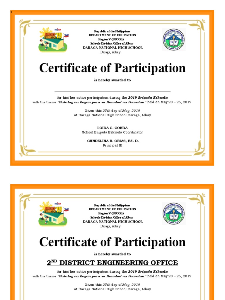 2019 BRIGADA ESKWELA Sample Certificate | PDF | Philippines