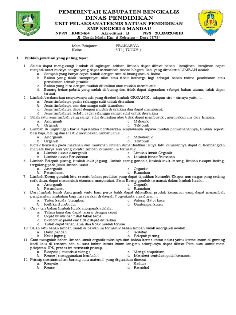 Soal Prakarya Kelas 7 Semester 2 | PDF