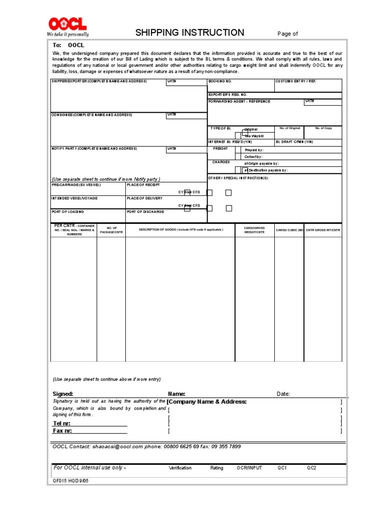BL Form Oocl | PDF | Cargo | Bill Of Lading