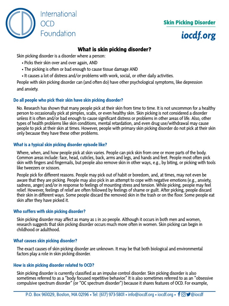 Skin Picking Disorder Fact Sheet | PDF | Obsessive–Compulsive Disorder ...