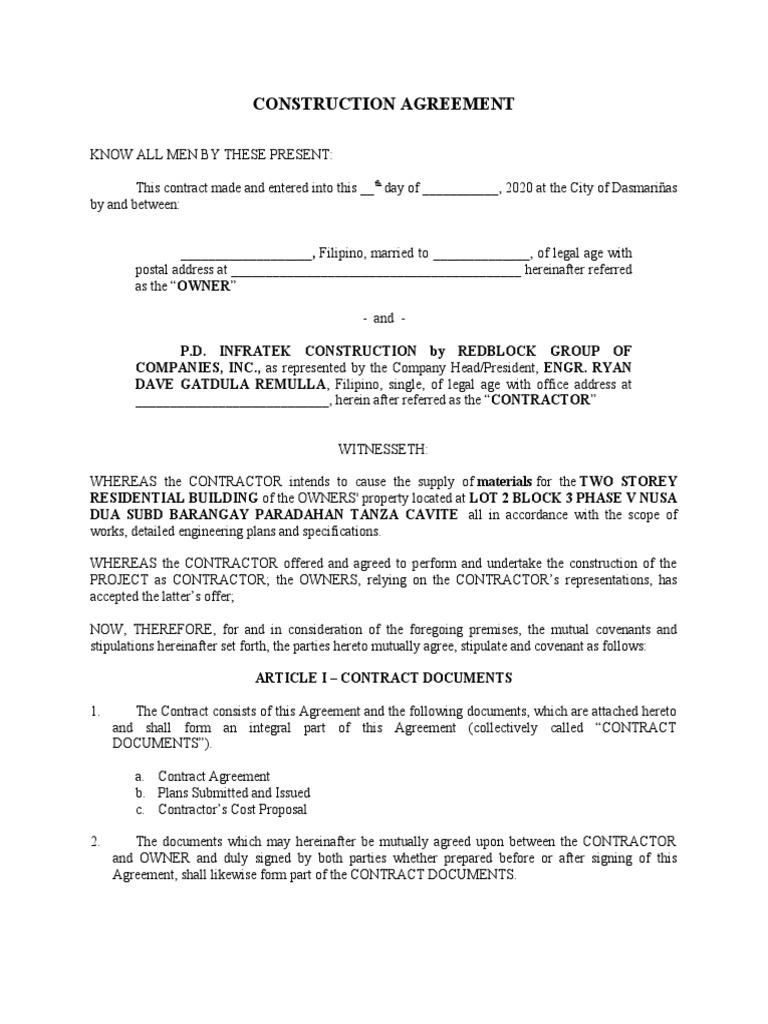 ConStruction Agreement | PDF | General Contractor | Specification ...