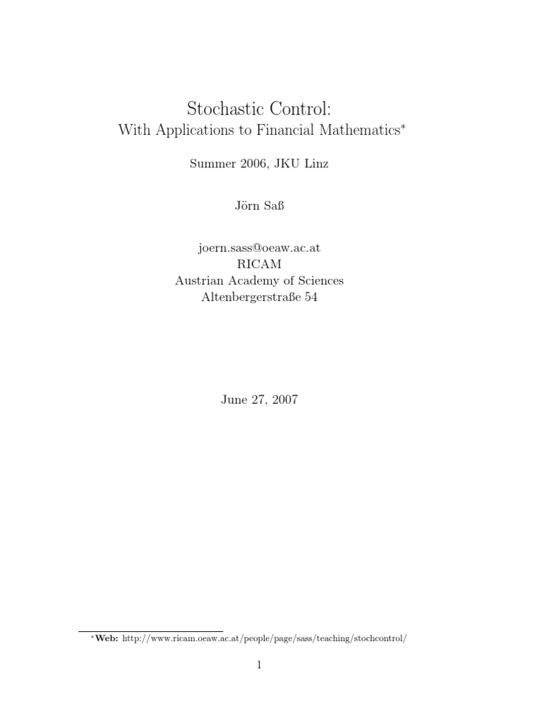 Stochastic Control:: With Applications To Financial Mathematics | PDF ...