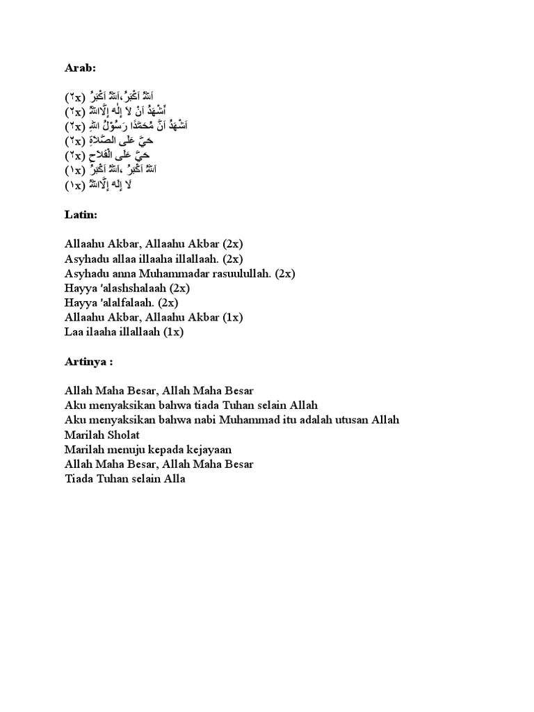 Teks Adzan dalam Bahasa Arab dan Latin | PDF