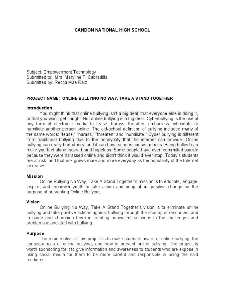 Candon National High School: Project Name: Online Bullying No Way, Take ...