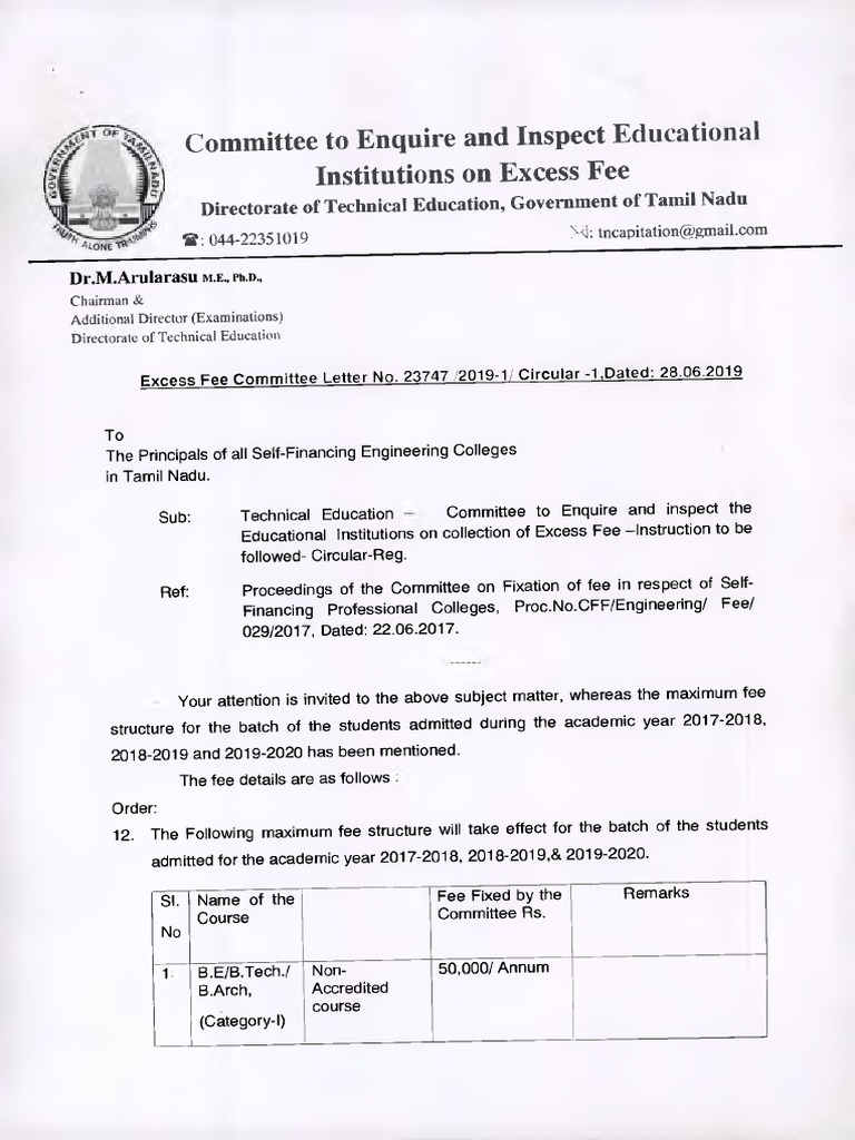 Committee To Enquire and Inspect Educational Institutions On Excess Fee ...