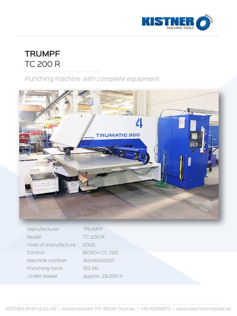 Trumpf TC 200 R: With Complete Equipment | PDF | Machines | Mechanical ...