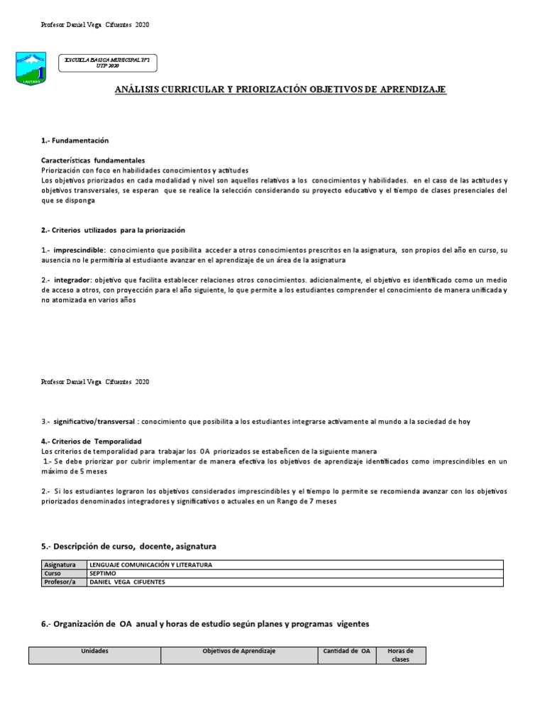 OA Priorizados Lenguaje - SEPTIMO. Daniel Vega | PDF | Asunto (gramática) | Comunicación
