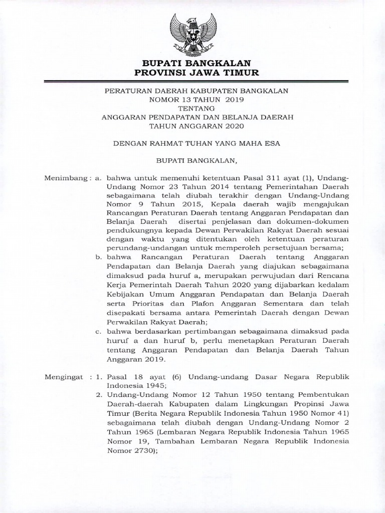 Perda APBD 2020 Stempel Basah PDF | PDF